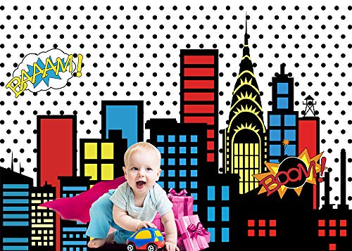 Art Studio 7x5ft Superhero Super City Photography Backdrops Skyline Buildings City Boom Photo Background Children Birthday Party Banner Photo Studio Booth Cake Table Decor Vinyl