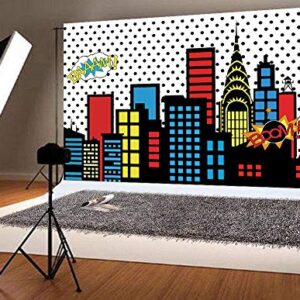 Art Studio 7x5ft Superhero Super City Photography Backdrops Skyline Buildings City Boom Photo Background Children Birthday Party Banner Photo Studio Booth Cake Table Decor Vinyl