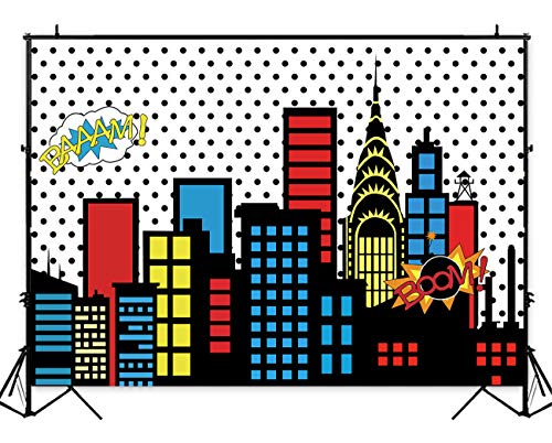 Art Studio 7x5ft Superhero Super City Photography Backdrops Skyline Buildings City Boom Photo Background Children Birthday Party Banner Photo Studio Booth Cake Table Decor Vinyl