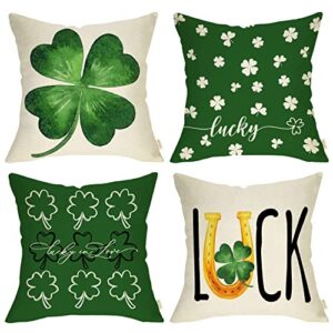 fjfz st. patrick’s day luck clover decorative throw pillow covers 20 x 20 set of 4, green shamrock horseshoe holiday porch patio home decor, irish lucky in love gifts outdoor sofa couch cushion case