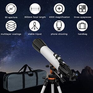 ABOTEC Telescope for Adults Astronomy, 90mm Aperture 800mm Refractor Telescopes for Kids & Beginners, (32X-400X) Multi-Coated High Transmission Telescope with Carry Bag & Phone Mount &Wireless Control