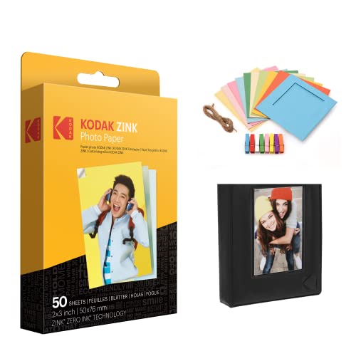 KODAK 2"x3" Premium Zink Photo Paper (50 Sheets) + Colorful Square Hanging Photo Frames + Photo Album (Compatible Printomatic)