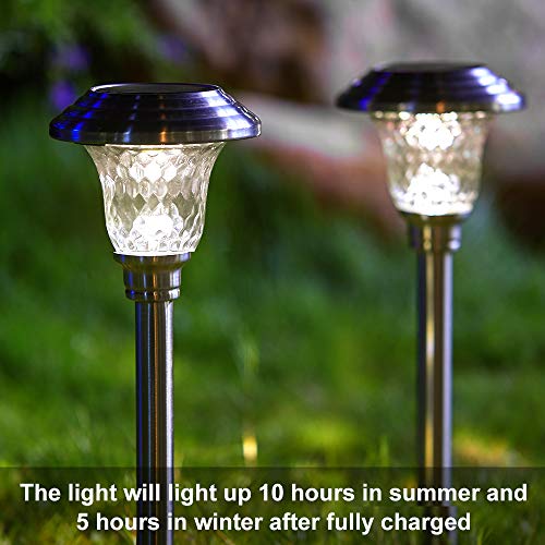 BEAU JARDIN 4 Pack Solar Lights Pathway Outdoor Waterproof Supper Bright Up to 12 Hrs Glass Stainless Steel Metal Auto On/Off Solar Powered Landscape LED Lighting for Garden Yard Walkway Stakes BG136