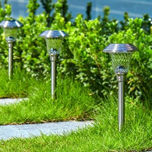 BEAU JARDIN 4 Pack Solar Lights Pathway Outdoor Waterproof Supper Bright Up to 12 Hrs Glass Stainless Steel Metal Auto On/Off Solar Powered Landscape LED Lighting for Garden Yard Walkway Stakes BG136