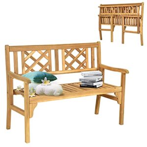 tangkula folding wood garden bench, 2 person foldable acacia patio bench with heavy duty structure, locks, wide curved armrest and backrest,for yard, deck, balcony, park (teak)