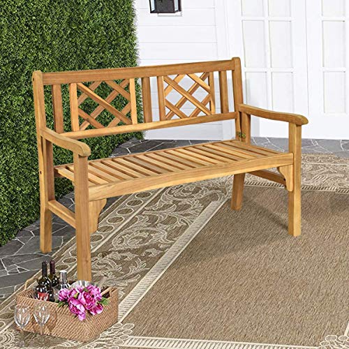 LDAILY Moccha 4 Ft Outdoor Patio Foldable Bench, Two Person Solid Wood, Acacia Wood Bench, Garden Bench with Curved Backrest and Armrest, Outdoor Park Bench Ideal for Balcony, Porch