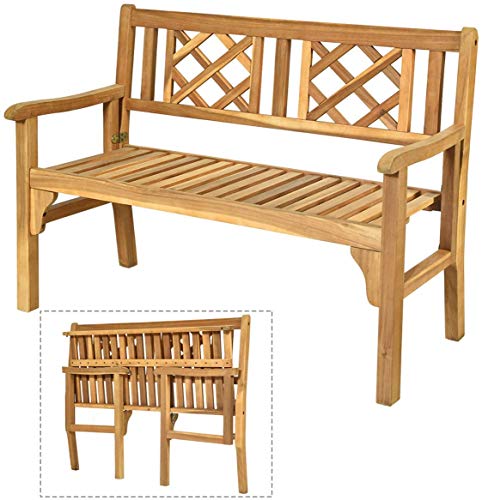 LDAILY Moccha 4 Ft Outdoor Patio Foldable Bench, Two Person Solid Wood, Acacia Wood Bench, Garden Bench with Curved Backrest and Armrest, Outdoor Park Bench Ideal for Balcony, Porch