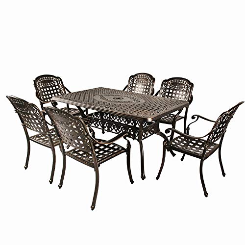 TITIMO 7-Piece Outdoor Furniture Dining Set, All-Weather Cast Aluminum Conversation Set Includes 6 Chairs and 1 Rectangular Table with Umbrella Hole for Patio Garden Deck (Without Cushions)