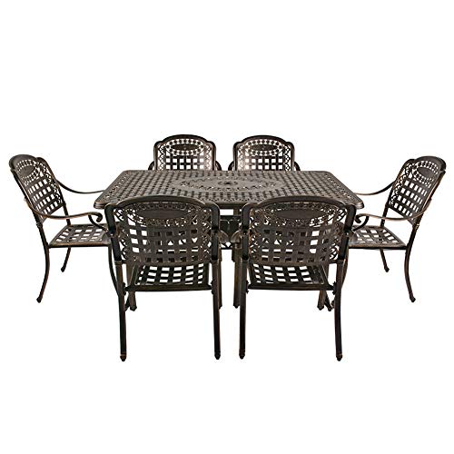 TITIMO 7-Piece Outdoor Furniture Dining Set, All-Weather Cast Aluminum Conversation Set Includes 6 Chairs and 1 Rectangular Table with Umbrella Hole for Patio Garden Deck (Without Cushions)