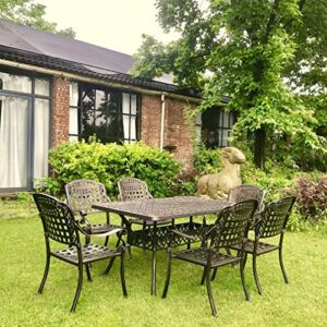 TITIMO 7-Piece Outdoor Furniture Dining Set, All-Weather Cast Aluminum Conversation Set Includes 6 Chairs and 1 Rectangular Table with Umbrella Hole for Patio Garden Deck (Without Cushions)