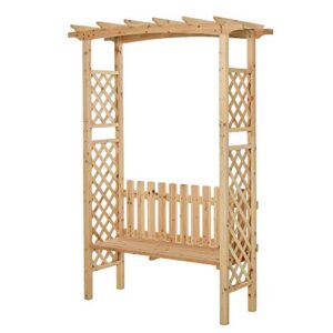 outsunny outdoor garden bench arch pergola with natural fir wood build, protective varnish, & 2 person ergonomic bench