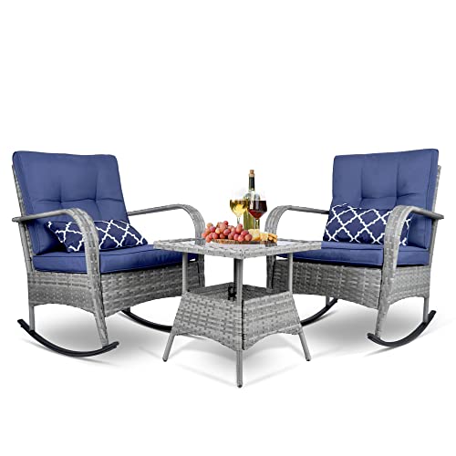 IBITION 3-Piece Outdoor Rocking Chairs Set of 2， Wicker Patio Furniture Modern Rattan Chair Conversation with Cushions & Glass Table for Garden,Backyard, Bistro(Navy Blue)