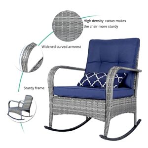 IBITION 3-Piece Outdoor Rocking Chairs Set of 2， Wicker Patio Furniture Modern Rattan Chair Conversation with Cushions & Glass Table for Garden,Backyard, Bistro(Navy Blue)