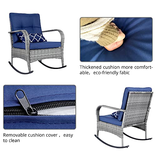 IBITION 3-Piece Outdoor Rocking Chairs Set of 2， Wicker Patio Furniture Modern Rattan Chair Conversation with Cushions & Glass Table for Garden,Backyard, Bistro(Navy Blue)