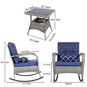 IBITION 3-Piece Outdoor Rocking Chairs Set of 2， Wicker Patio Furniture Modern Rattan Chair Conversation with Cushions & Glass Table for Garden,Backyard, Bistro(Navy Blue)