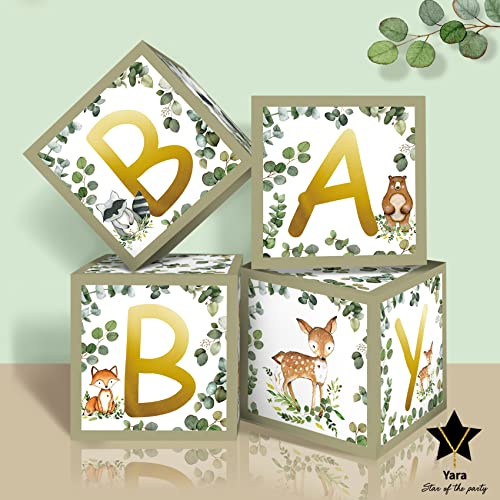 YARA Woodland Baby Shower Decorations Boxes for Boy Girl, Sage Green Party Decor Letters, Boho Baby Blocks Decoration Backdrop, Neutral Gender & Reveal Box Centerpieces, Forest Animals Greenery Theme