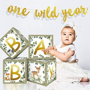 YARA Woodland Baby Shower Decorations Boxes for Boy Girl, Sage Green Party Decor Letters, Boho Baby Blocks Decoration Backdrop, Neutral Gender & Reveal Box Centerpieces, Forest Animals Greenery Theme