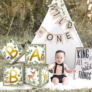 YARA Woodland Baby Shower Decorations Boxes for Boy Girl, Sage Green Party Decor Letters, Boho Baby Blocks Decoration Backdrop, Neutral Gender & Reveal Box Centerpieces, Forest Animals Greenery Theme