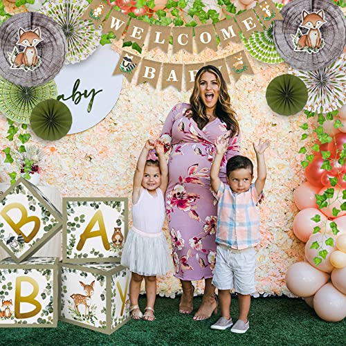 YARA Woodland Baby Shower Decorations Boxes for Boy Girl, Sage Green Party Decor Letters, Boho Baby Blocks Decoration Backdrop, Neutral Gender & Reveal Box Centerpieces, Forest Animals Greenery Theme