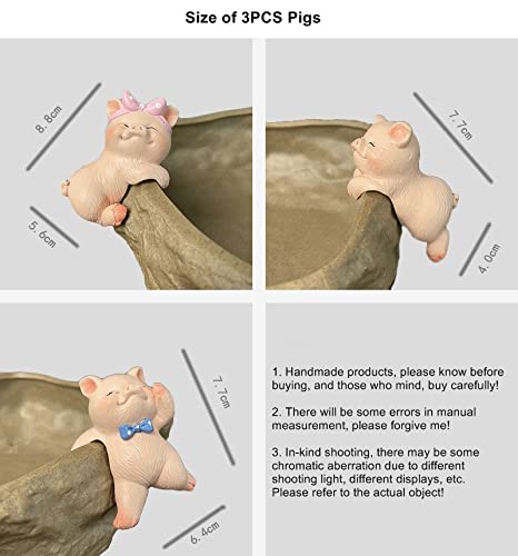 QIANSHENG Set of 3 Garden Pig Statues Terrarium Flower Pot Hanger and Vase Hugger Miniature Pig Figurines Fairy Garden Ornaments Cute Animal Planter Hanging Pendant Decorations