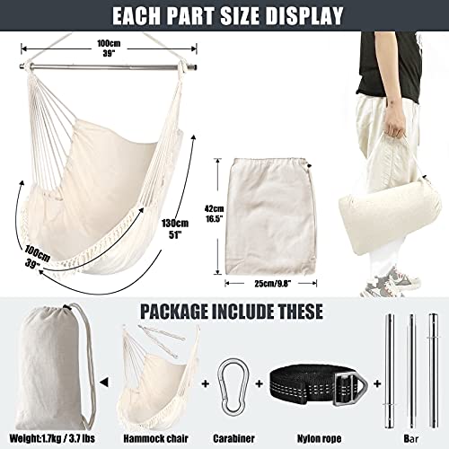 Chihee Hammock Chair Large Hanging Chair Soft Seat with Strong Straps and Hook Hanging Rope Swing Bear up to 330 lbs Stainless Steel Spreader Bar with Anti-Slip Rings Indoor Outdoor Home Garden Patio