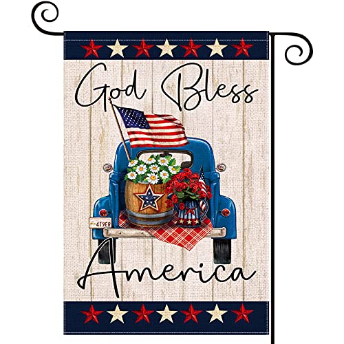 LARMOY God Bless America Garden Flags for Outside,12×18 Double Sided Blue Truck with Flower Patriotic Stars,Small Memorial Day Yard Flag, Welcome 4th of July Independence Day Outdoor Farmhouse Decors