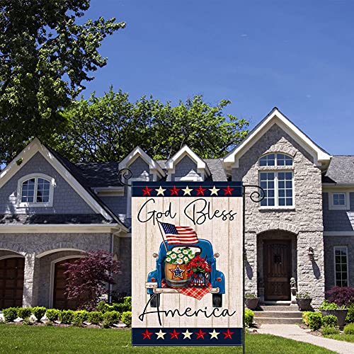 LARMOY God Bless America Garden Flags for Outside,12×18 Double Sided Blue Truck with Flower Patriotic Stars,Small Memorial Day Yard Flag, Welcome 4th of July Independence Day Outdoor Farmhouse Decors