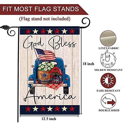 LARMOY God Bless America Garden Flags for Outside,12×18 Double Sided Blue Truck with Flower Patriotic Stars,Small Memorial Day Yard Flag, Welcome 4th of July Independence Day Outdoor Farmhouse Decors