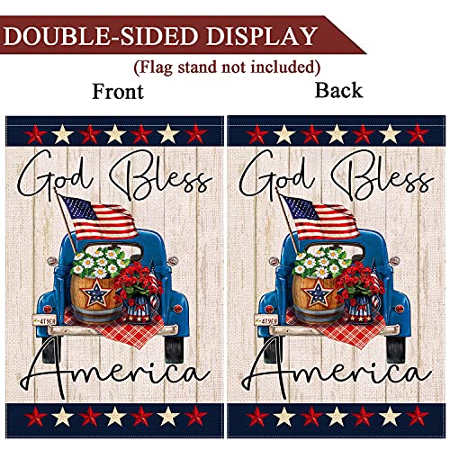 LARMOY God Bless America Garden Flags for Outside,12×18 Double Sided Blue Truck with Flower Patriotic Stars,Small Memorial Day Yard Flag, Welcome 4th of July Independence Day Outdoor Farmhouse Decors