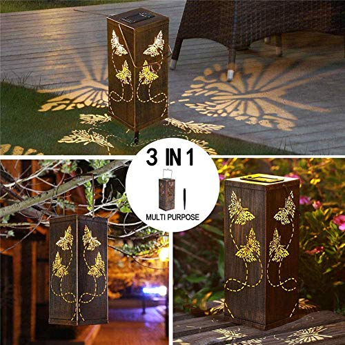 2 Pack Solar Lantern Outdoor Butterfly Garden Decor with Ground Stake, Metal Butterfly Hanging Solar Lights Waterproof Outside Decorations for Patio Lawn Yard Landscape Butterfly Gifts for Mom Women