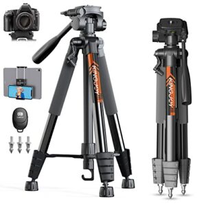 kingjoy 75″ camera tripod for canon nikon cell phone tall tripod with wireless remote travel bag phone tablet holder compatible with dslr cameras, cell phones, projector, binocular, spotting scopes