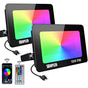 shopled rgb led flood light outdoor,100w bluetooth color changing stage lights, 600w equivalent, 16 million colors&app control&music sync&timing, ip66 uplight for party, garden, christmas (2 pack)