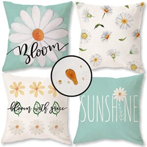 onway spring pillow covers 18×18 set of 4 daisy bloom waterproof throw pillow covers floral summer outdoor decor sunshine farmhouse flower garden decorations for patio porch couch sofa