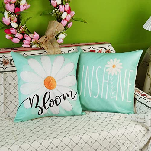 ONWAY Spring Pillow Covers 18x18 Set of 4 Daisy Bloom Waterproof Throw Pillow Covers Floral Summer Outdoor Decor Sunshine Farmhouse Flower Garden Decorations for Patio Porch Couch Sofa