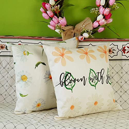 ONWAY Spring Pillow Covers 18x18 Set of 4 Daisy Bloom Waterproof Throw Pillow Covers Floral Summer Outdoor Decor Sunshine Farmhouse Flower Garden Decorations for Patio Porch Couch Sofa