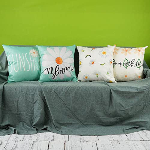 ONWAY Spring Pillow Covers 18x18 Set of 4 Daisy Bloom Waterproof Throw Pillow Covers Floral Summer Outdoor Decor Sunshine Farmhouse Flower Garden Decorations for Patio Porch Couch Sofa