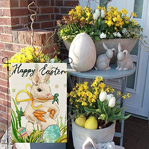 CROWNED BEAUTY Happy Easter Bunny Garden Flag Carrots 12x18 Inch Double Sided for Outside Burlap Small Yard Holiday Decoration CF713-12