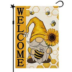 cmegke gnome welcome garden flag, sunflower garden flag, gnome with sunflowers bee yard flag spring summer vertical double sided burlap party holiday yard home farmhouse outside decor 12.5 x 18 in