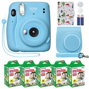 fujifilm instax mini 11 instant camera sky blue + custom case + fuji instax film value pack (50 sheets) flamingo designer photo album for fuji instax mini 11 photos