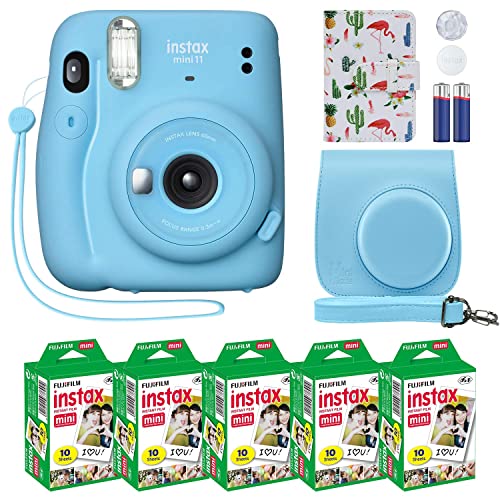 Fujifilm Instax Mini 11 Instant Camera Sky Blue + Custom Case + Fuji Instax Film Value Pack (50 Sheets) Flamingo Designer Photo Album for Fuji instax Mini 11 Photos