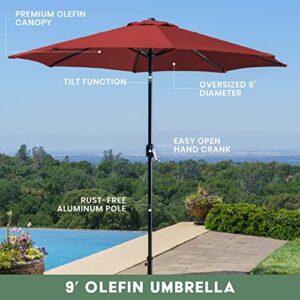 Royal Garden 9' Aluminum Crank/Tilt Market Patio Umbrella - Heavy Duty Performance Olefin Fabric Sun Shade - Rust Free Pole Design that Fits Most Umbrella Table and Stand Holes, Red