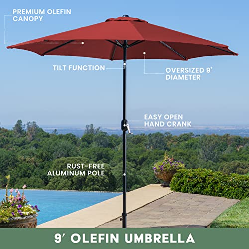 Royal Garden 9' Aluminum Crank/Tilt Market Patio Umbrella - Heavy Duty Performance Olefin Fabric Sun Shade - Rust Free Pole Design that Fits Most Umbrella Table and Stand Holes, Red