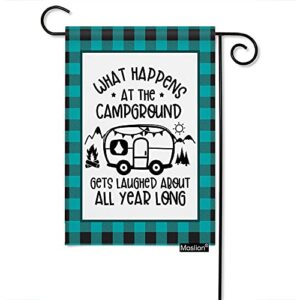 moslion camping garden flag 12.5×18 inch blue black plaid bus mountain what happens at the campground get laughed about all year yard flag burlap banners vertical double sided for farm house outside