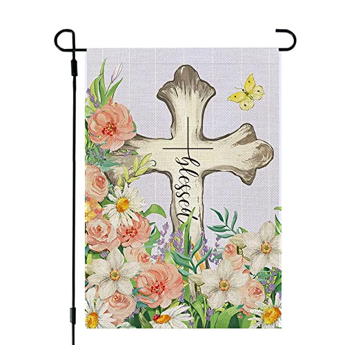 CROWNED BEAUTY Easter Garden Flag Religious Cross Floral 12x18 Inch Double Sided for Outside Christian Burlap Small Blessed Yard Holiday Decoration CF714-12