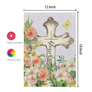 CROWNED BEAUTY Easter Garden Flag Religious Cross Floral 12x18 Inch Double Sided for Outside Christian Burlap Small Blessed Yard Holiday Decoration CF714-12