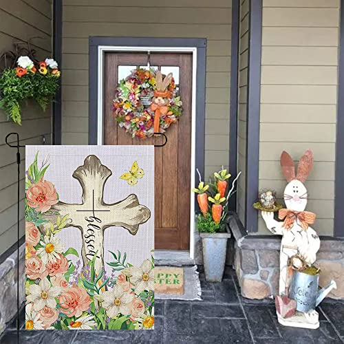 CROWNED BEAUTY Easter Garden Flag Religious Cross Floral 12x18 Inch Double Sided for Outside Christian Burlap Small Blessed Yard Holiday Decoration CF714-12