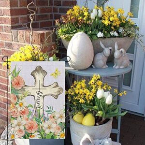 CROWNED BEAUTY Easter Garden Flag Religious Cross Floral 12x18 Inch Double Sided for Outside Christian Burlap Small Blessed Yard Holiday Decoration CF714-12