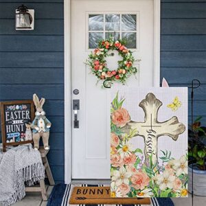 CROWNED BEAUTY Easter Garden Flag Religious Cross Floral 12x18 Inch Double Sided for Outside Christian Burlap Small Blessed Yard Holiday Decoration CF714-12