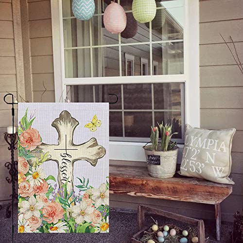 CROWNED BEAUTY Easter Garden Flag Religious Cross Floral 12x18 Inch Double Sided for Outside Christian Burlap Small Blessed Yard Holiday Decoration CF714-12