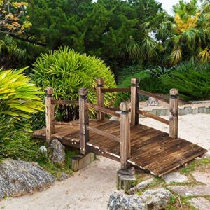 5FT Wooden Garden Bridge Arch Stained Finish Footbridge Decorative Backyard Bridge with Double Safety Railings Outdoor Lawn Pond Bridge Walkway for Garden Yard Patio Courtyard Farm Stream Creek